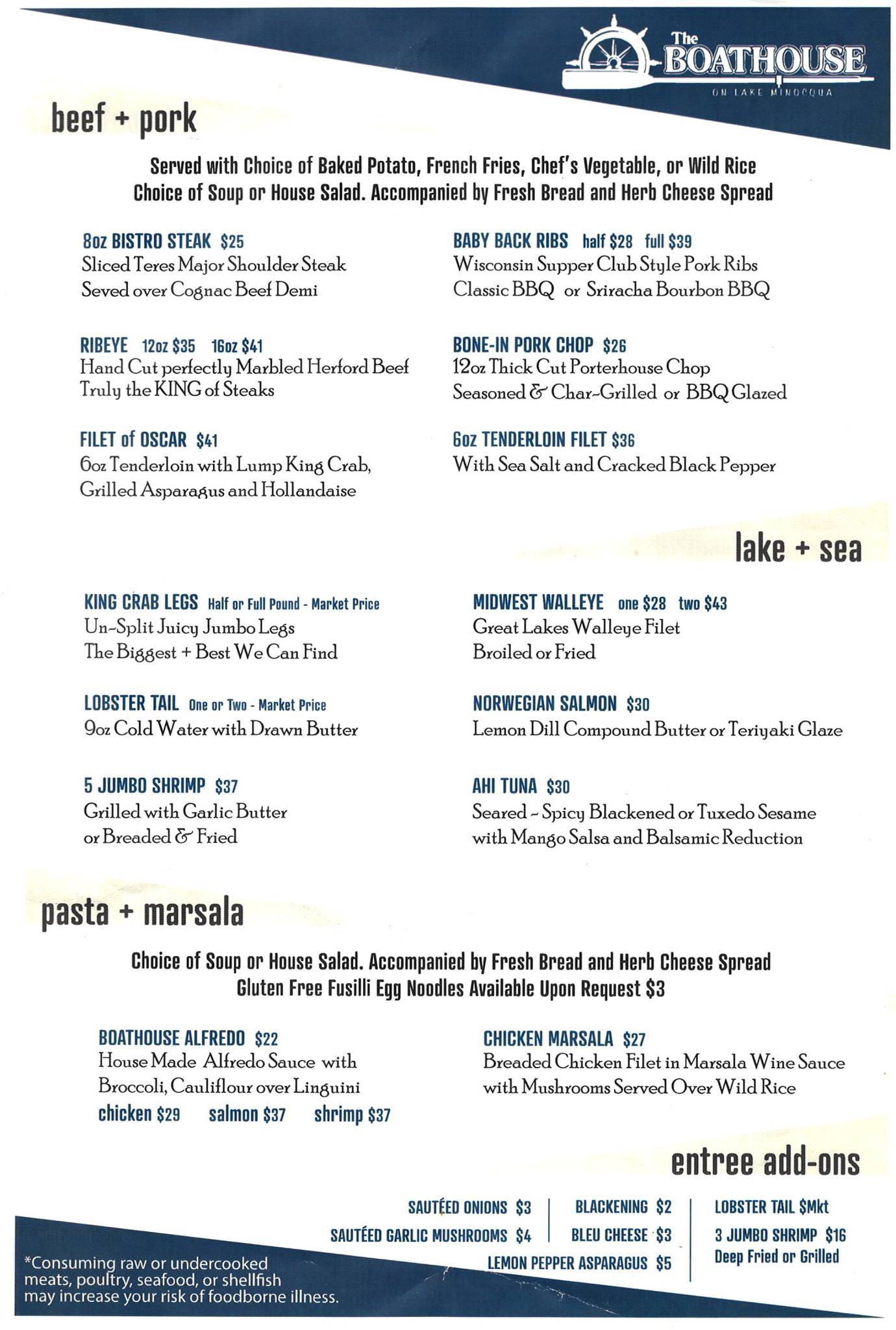 Menu at The Boathouse steakhouse, Minocqua