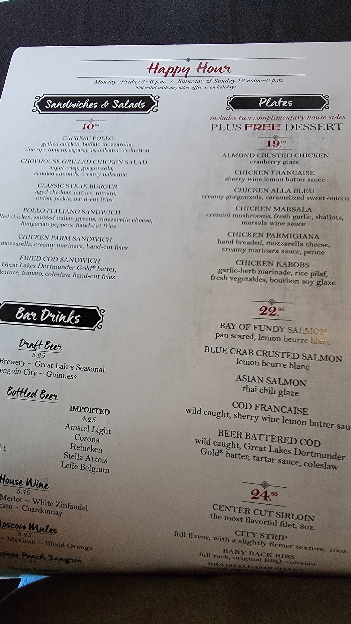Menu at The Chophouse steakhouse, Warren