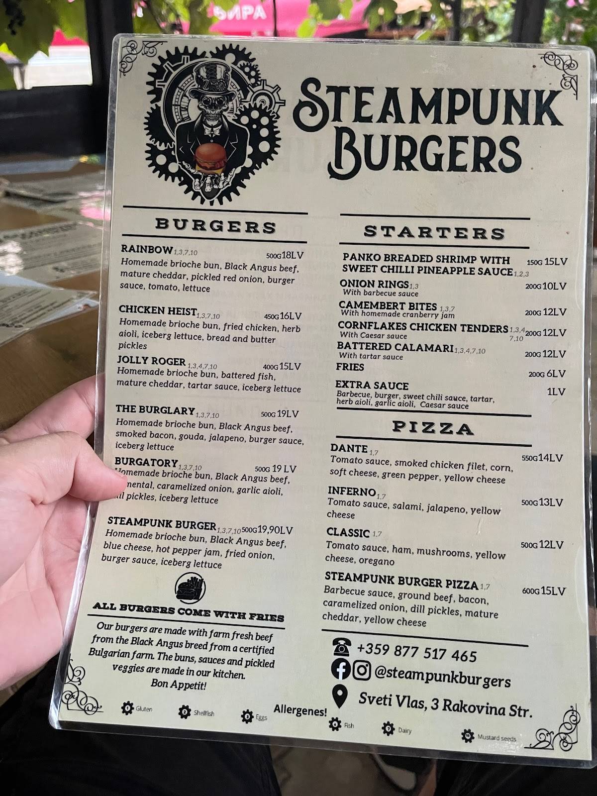 Menu au Steampunk Burgers restaurant, Sveti Vlas