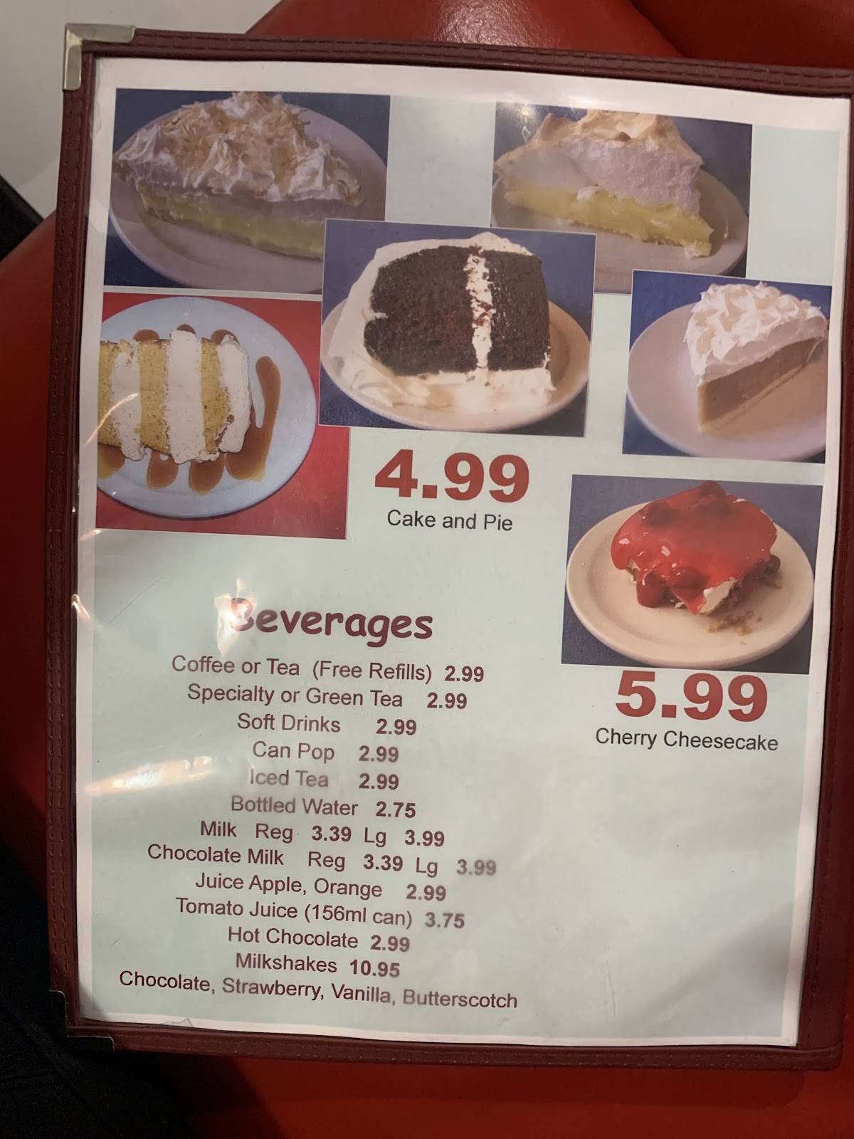 Menu at Steve's Diner restaurant, Riverview