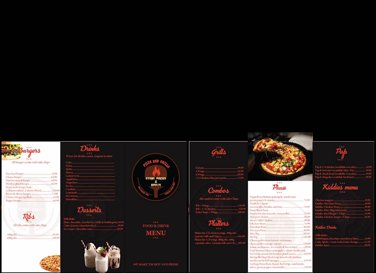 Menu at Stone Rocks and Grills restaurant, Johannesburg