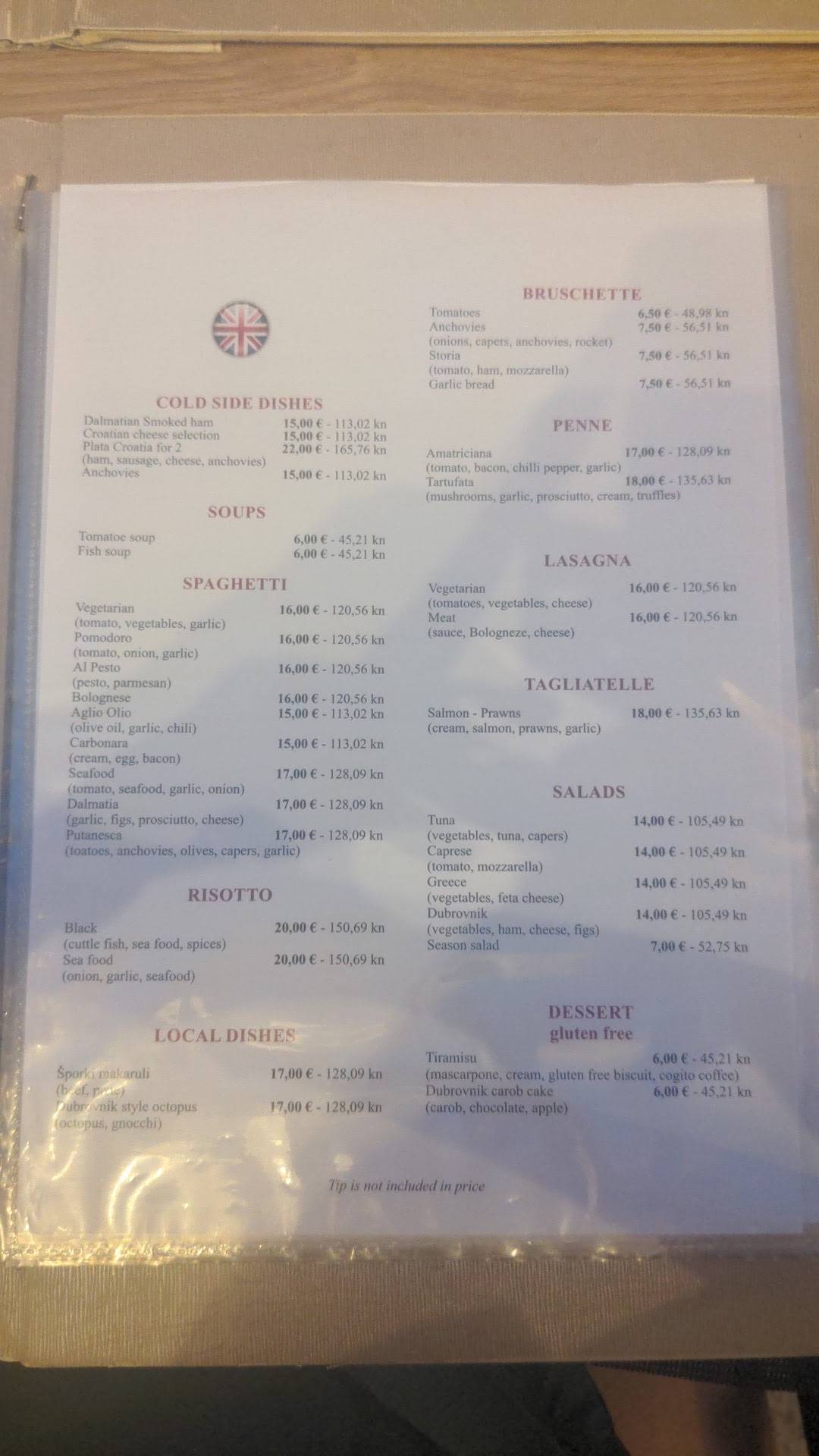 Menu at Storia restaurant, Dubrovnik