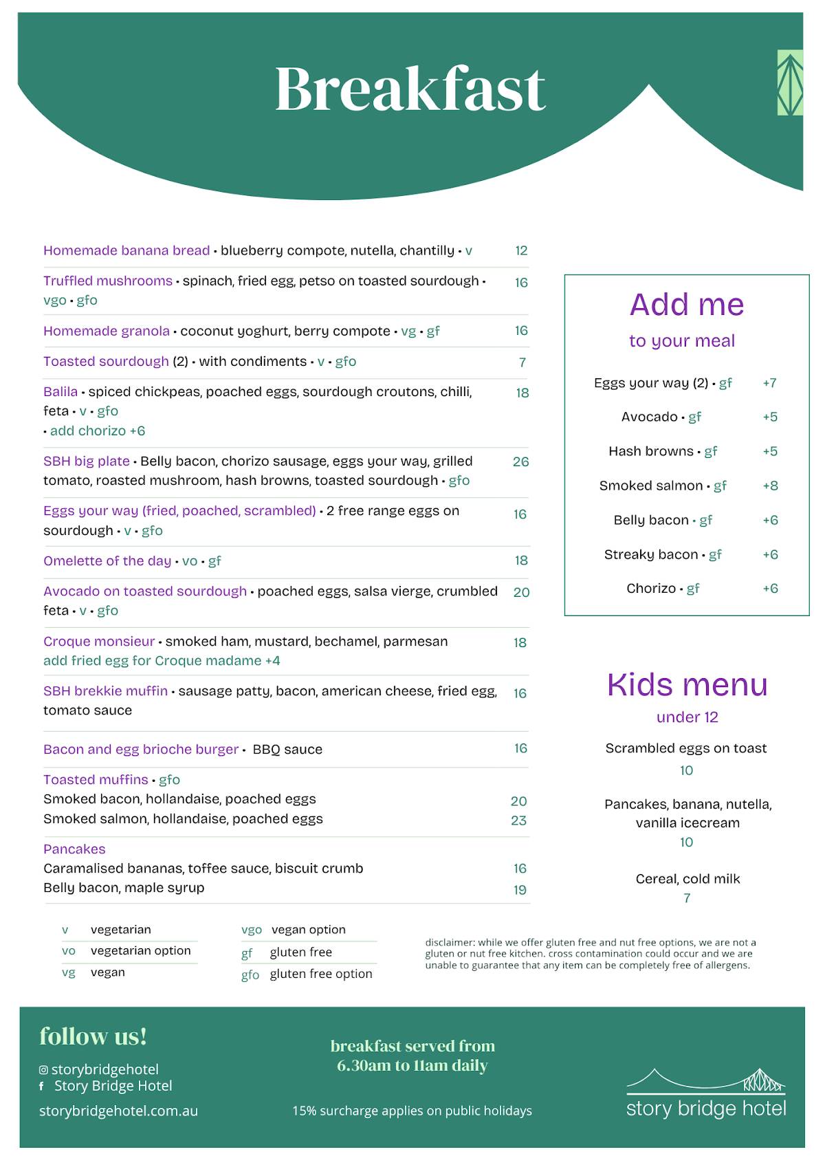 Menu at Story Bridge Hotel restaurant, Kangaroo Point