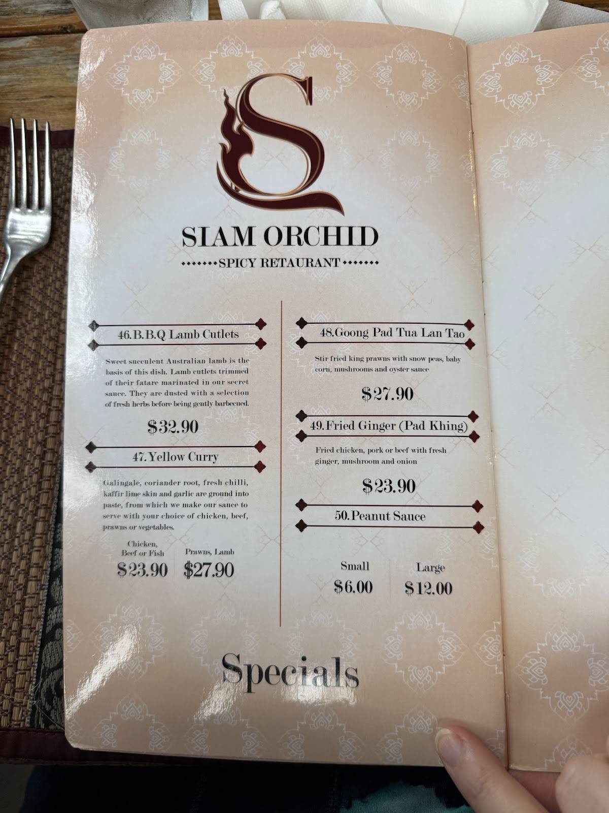 Menu at Siam Orchid Spicy restaurant, Stratford