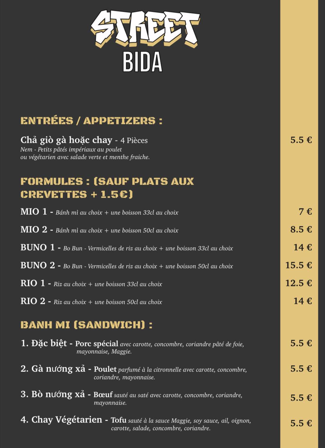 Menu au Street Bida restaurant, Paris