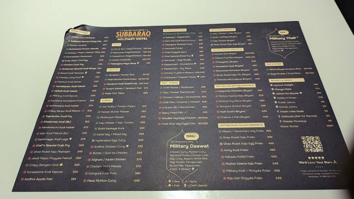 Menu at Subbarao Military Hotel, Hyderabad