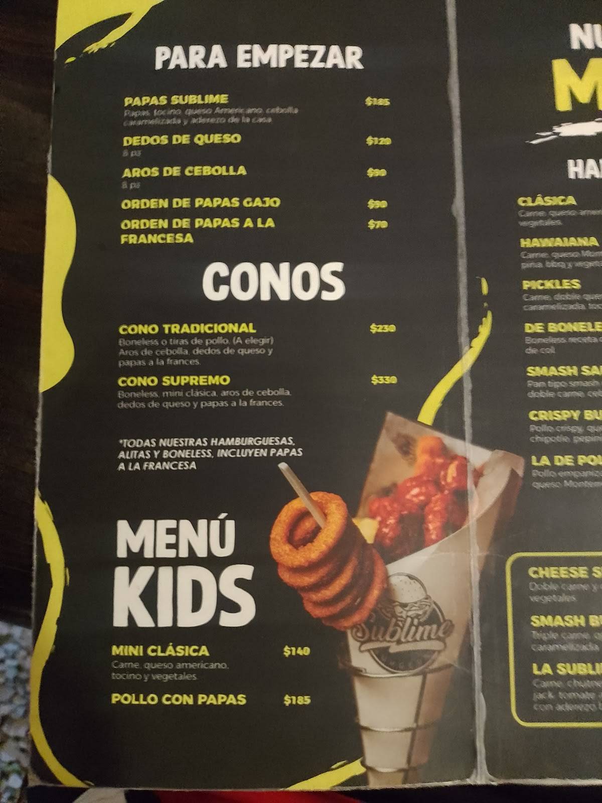 Menu at Sublime Burgers restaurant, San José del Cabo