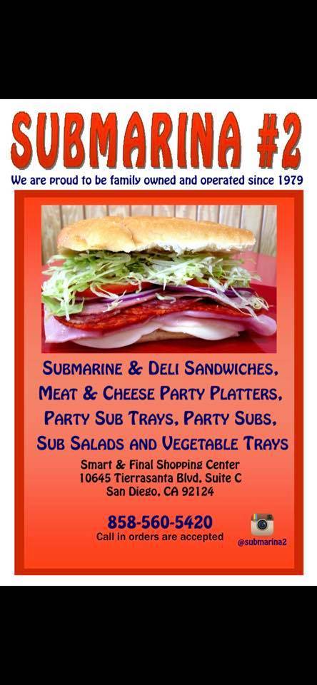 Menu at Submarina #2 restaurant, San Diego, Tierrasanta Blvd
