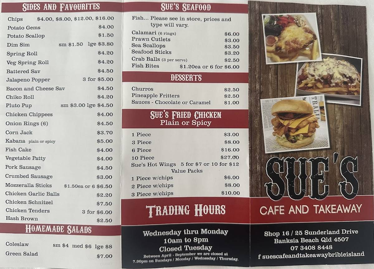 Menu at Sue's Cafe and Takeaway, Banksia Beach