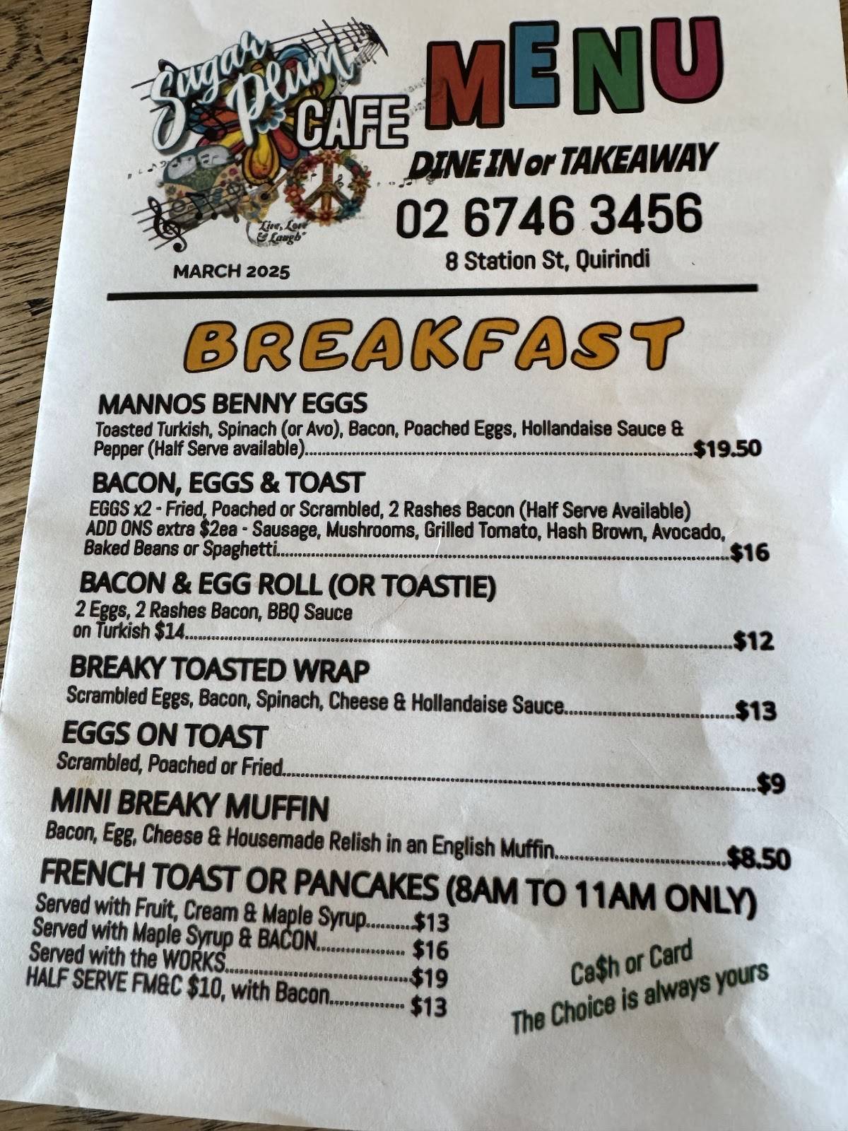 Menu at Sugar Plum Tea & Coffee House, Quirindi