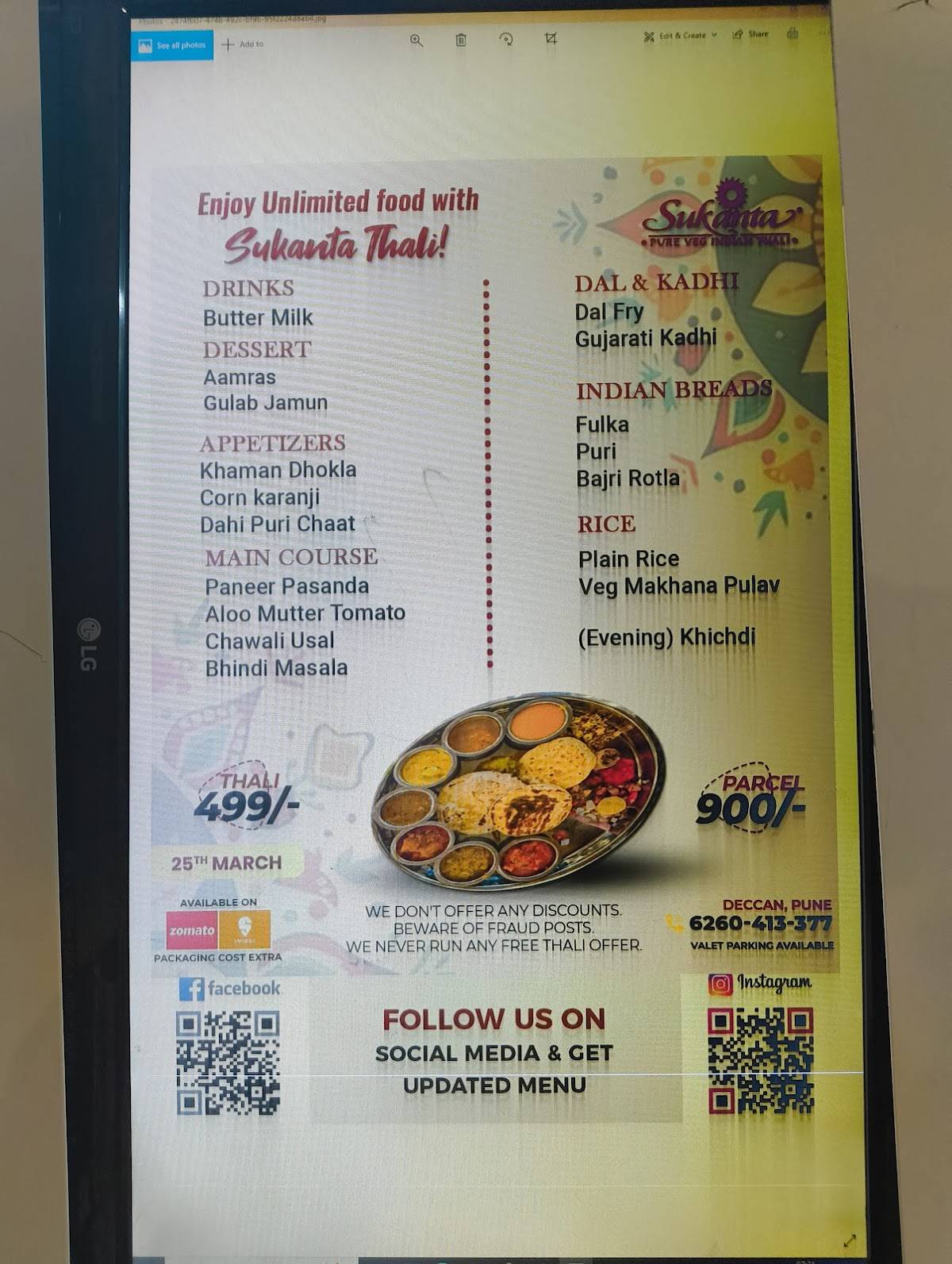 Menu at Sukanta Thali, Pune, Pulachi Wadi Rd