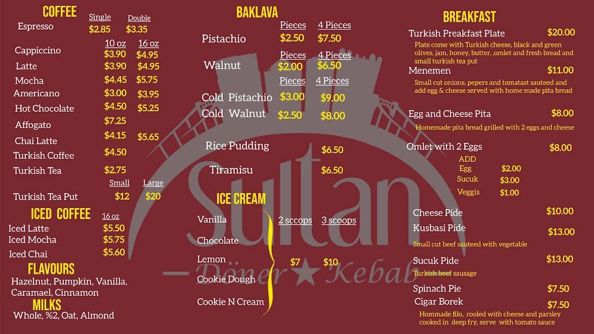 Menu at Sultan Döner Kebab restaurant, Pittsburgh