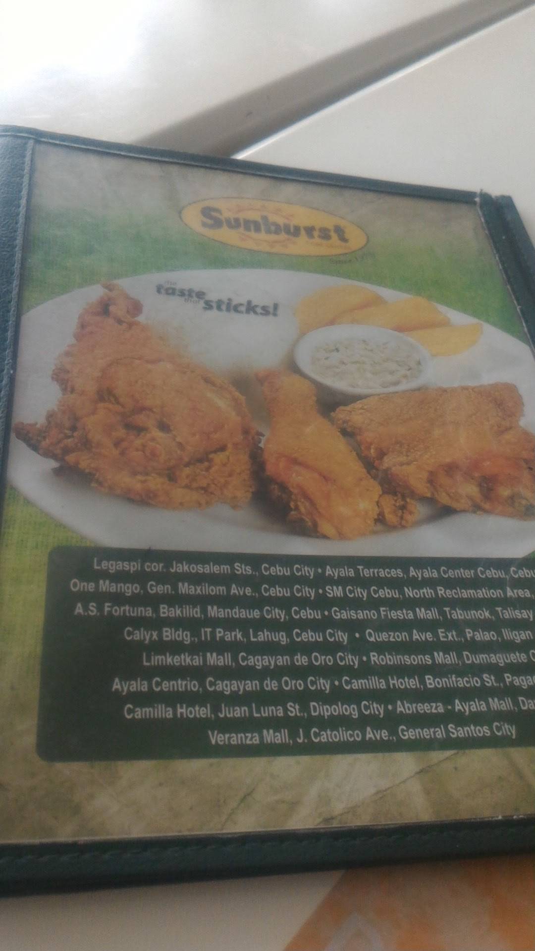 Menu at Sunburst Fried Chicken restaurant, Davao City, Abreeza Mall