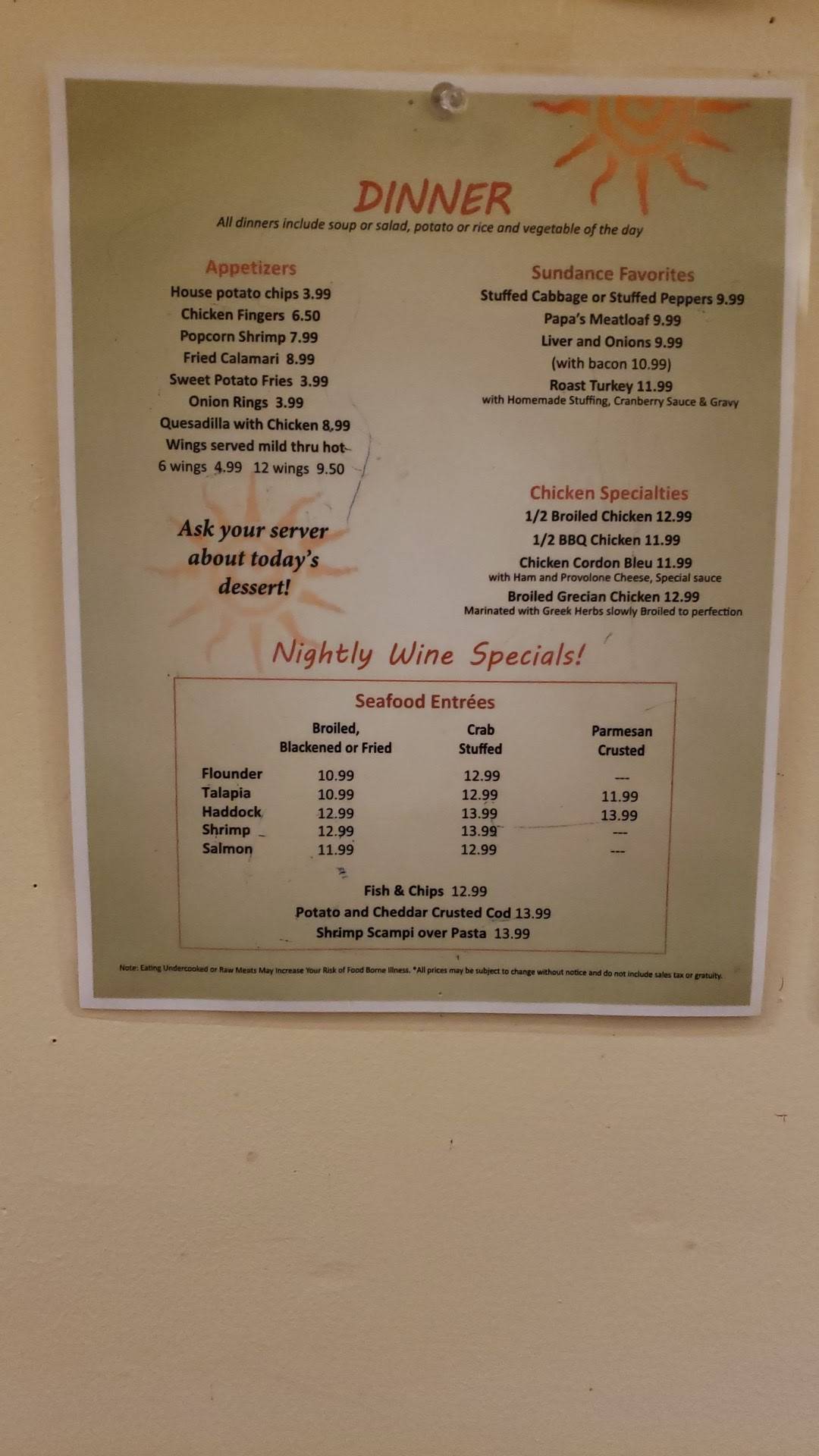 Menu at Sundance Grill restaurant, Hiawassee