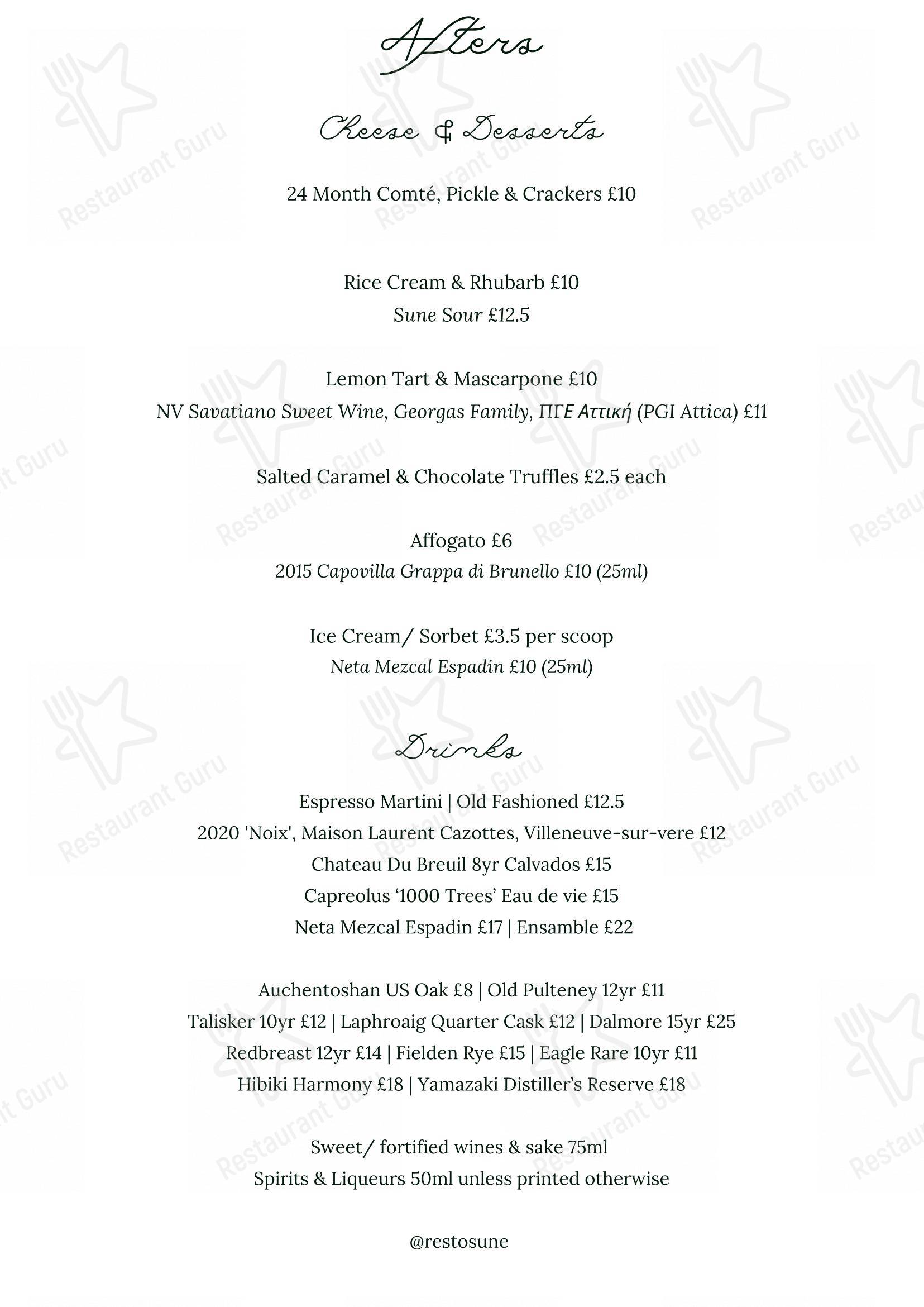 Menu at Sune Restaurant, London