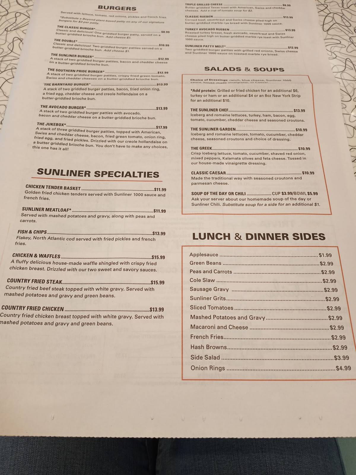 Menu at Sunliner Diner restaurant, Pigeon Forge