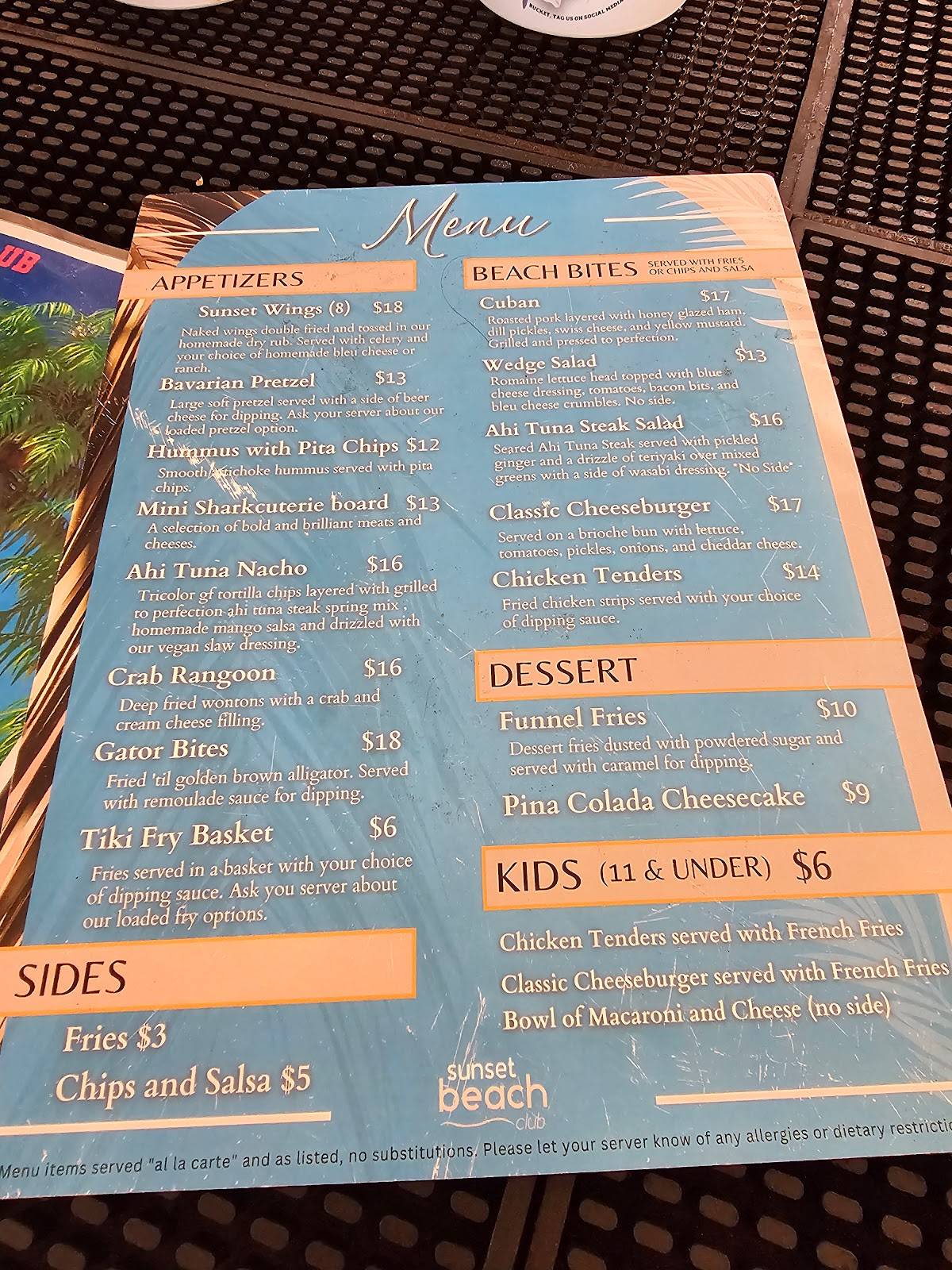 Menu at Sunset Beach Club, Punta Gorda