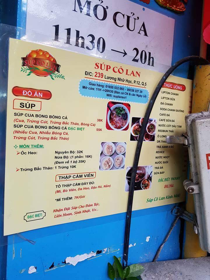 Carta del restaurante Súp Cua BongBóng Cá CÔ LAN, Ciudad Ho Chi Minh ...