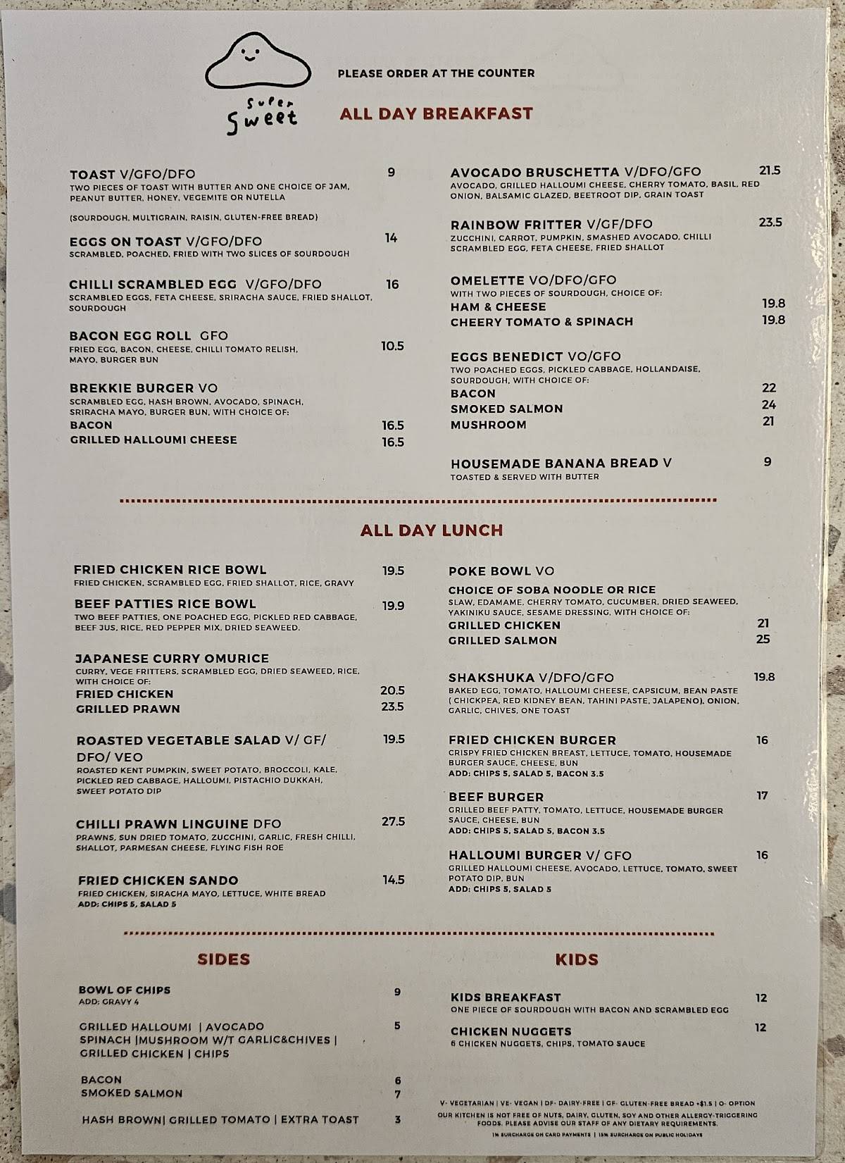 Menu at Supersweet Cafe, Braddon