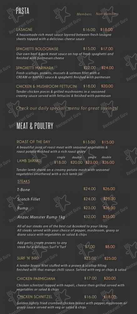 Menu at Rsl restaurant, Surfers Paradise