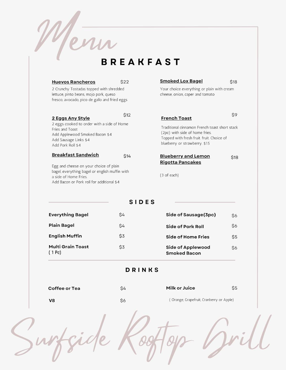 Menu at Surfside Rooftop Grill restaurant, Stone Harbor