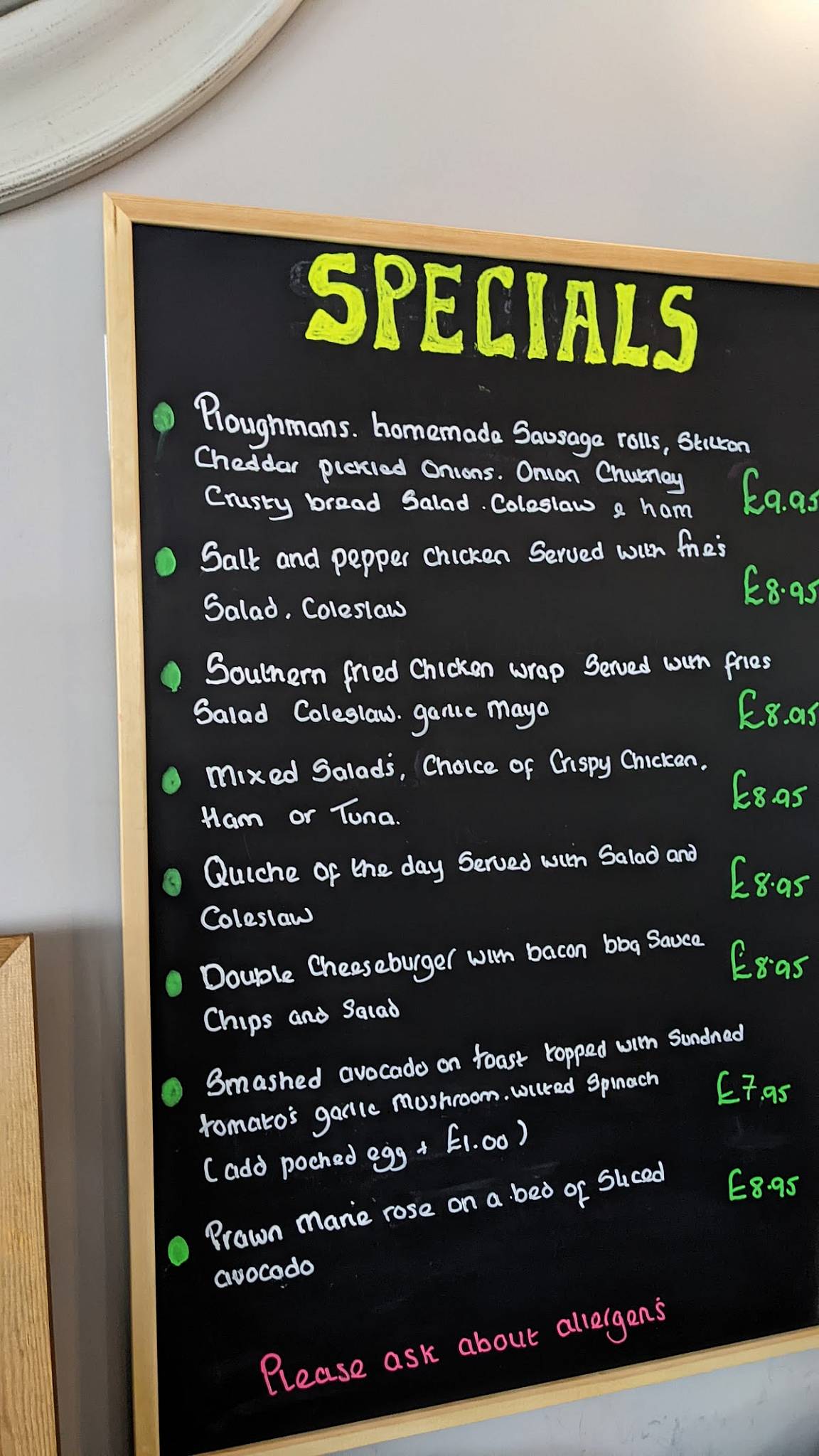 Menu at Susan's Coffee Shop cafe, Buckley