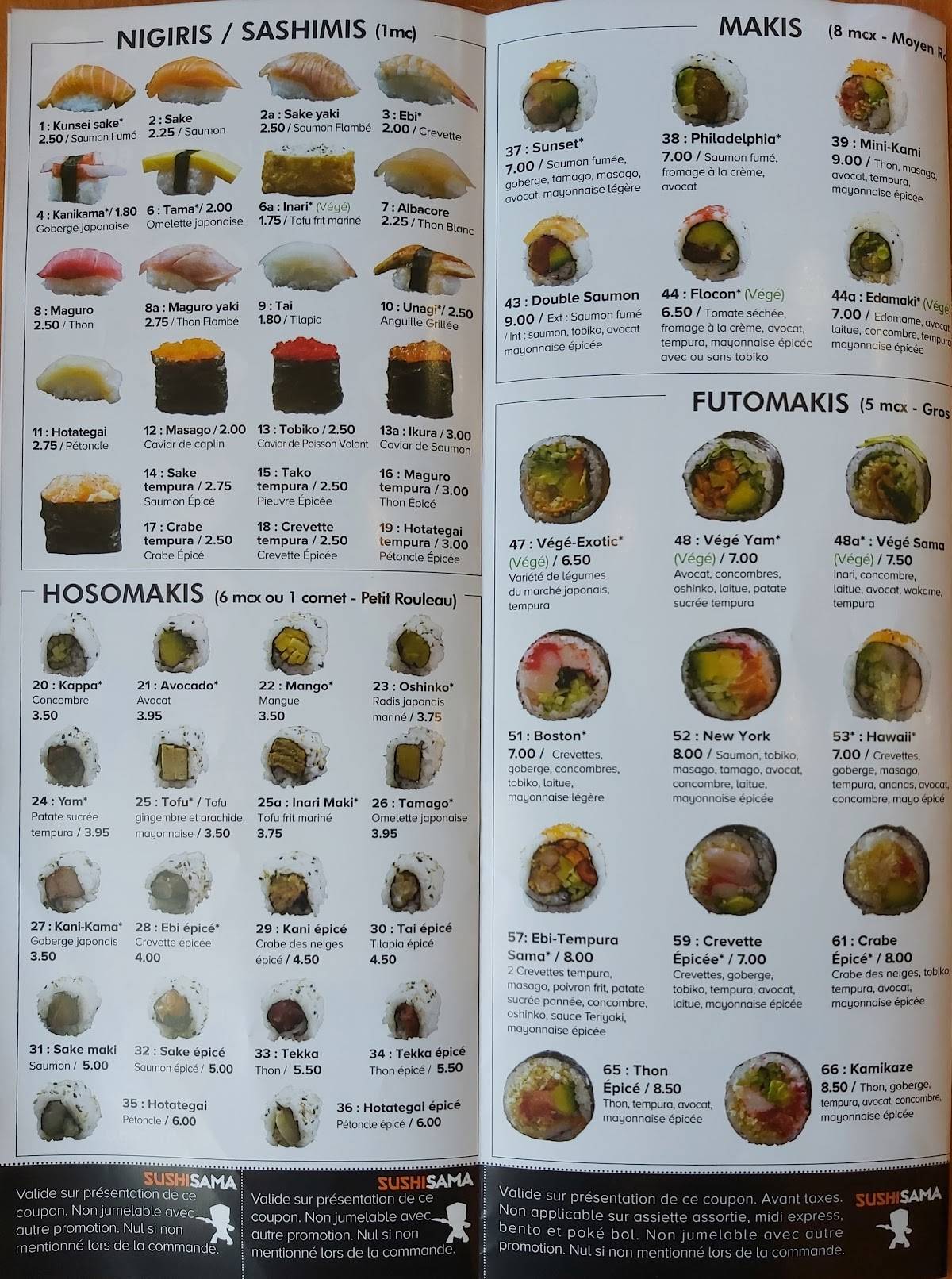 Menu au Sushi Sama Gouin O. restaurant Montreal