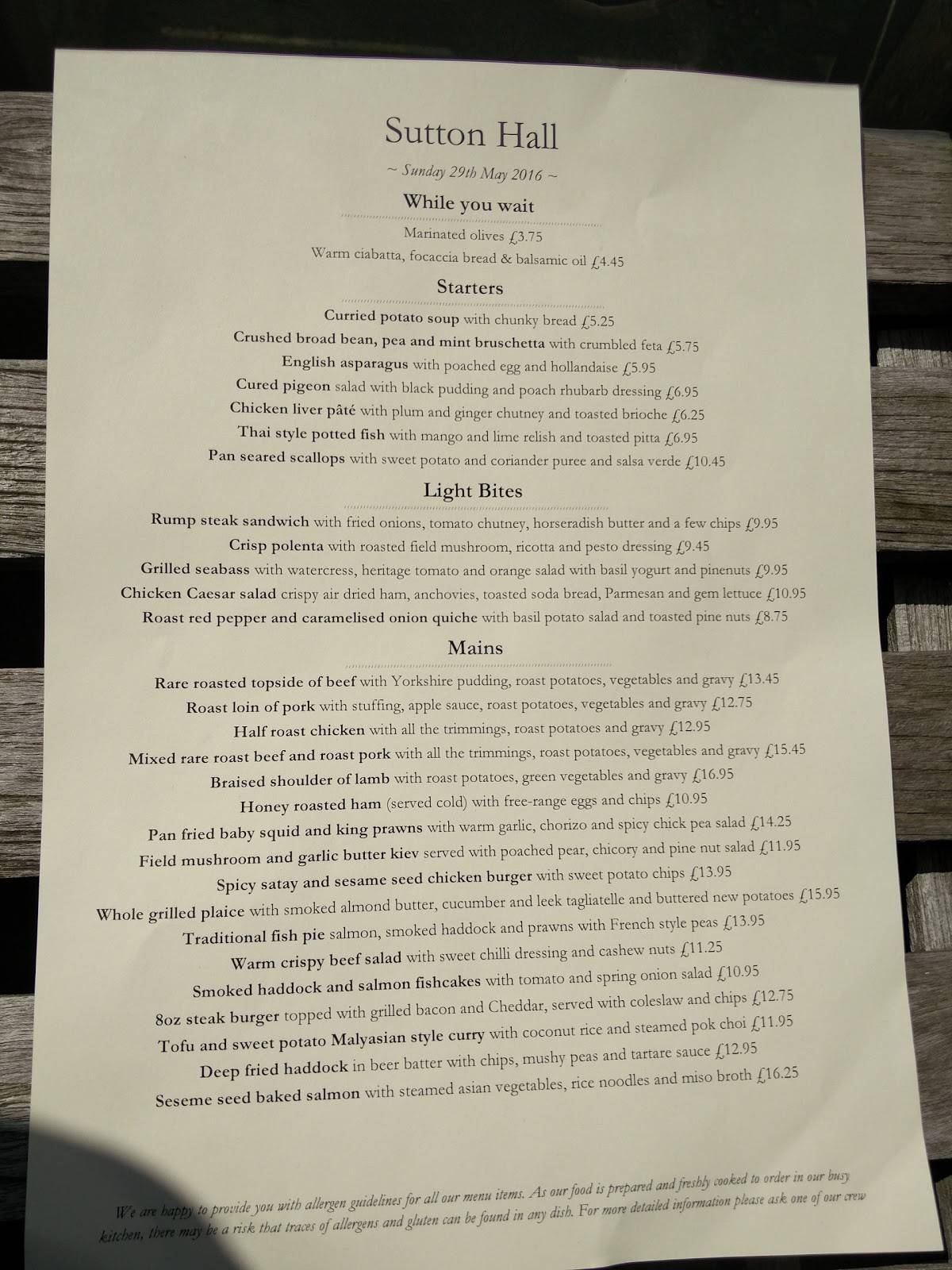 Menu at Sutton Hall pub & bar, Macclesfield