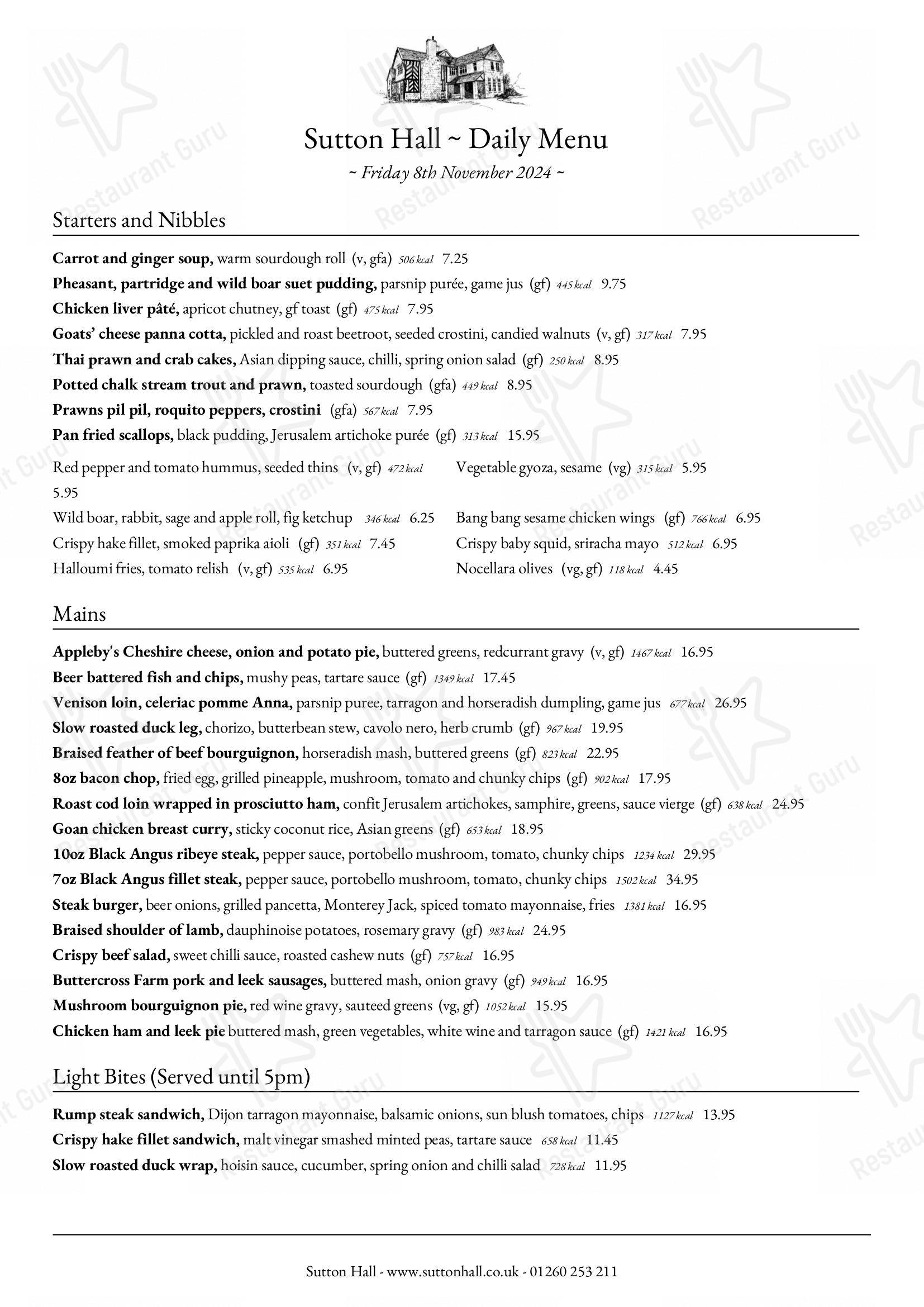 Menu at Sutton Hall pub & bar, Macclesfield