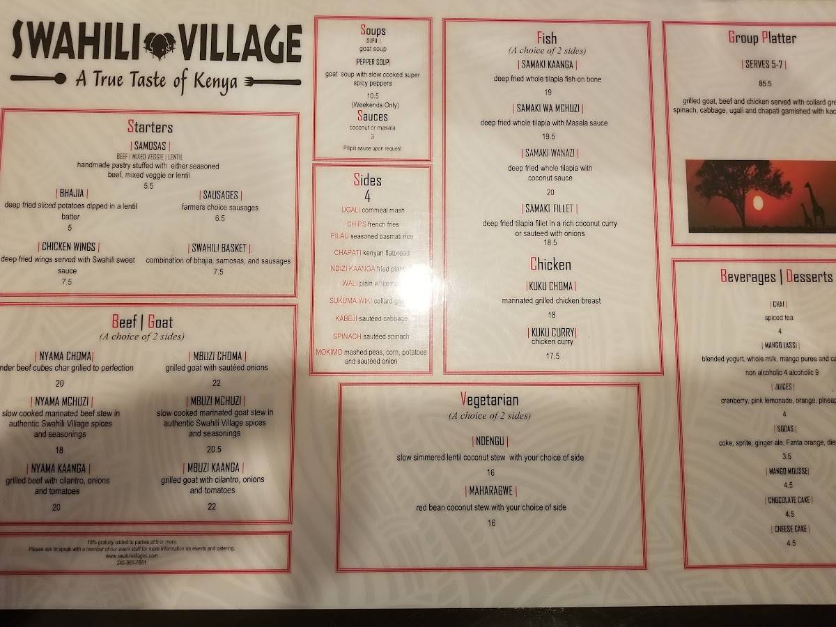 Menu at Swahili Village Bar & Restaurant, Beltsville, Rhode Island Ave ...