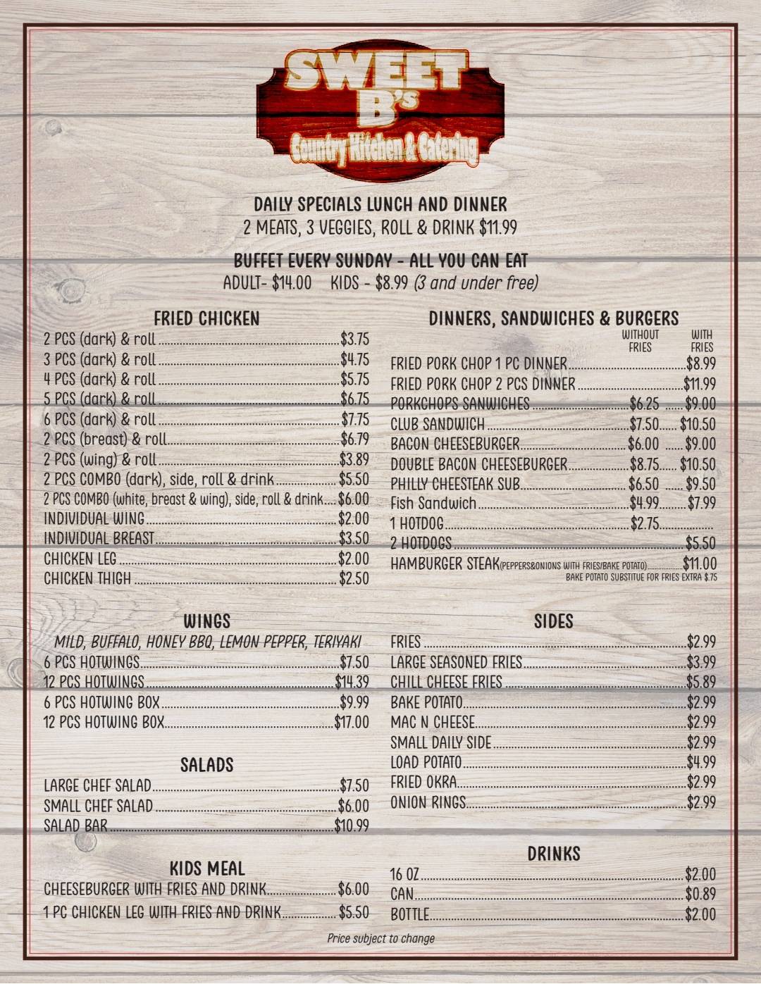 Menu at Sweet B's Country Kitchen and Catering restaurant, Turbeville