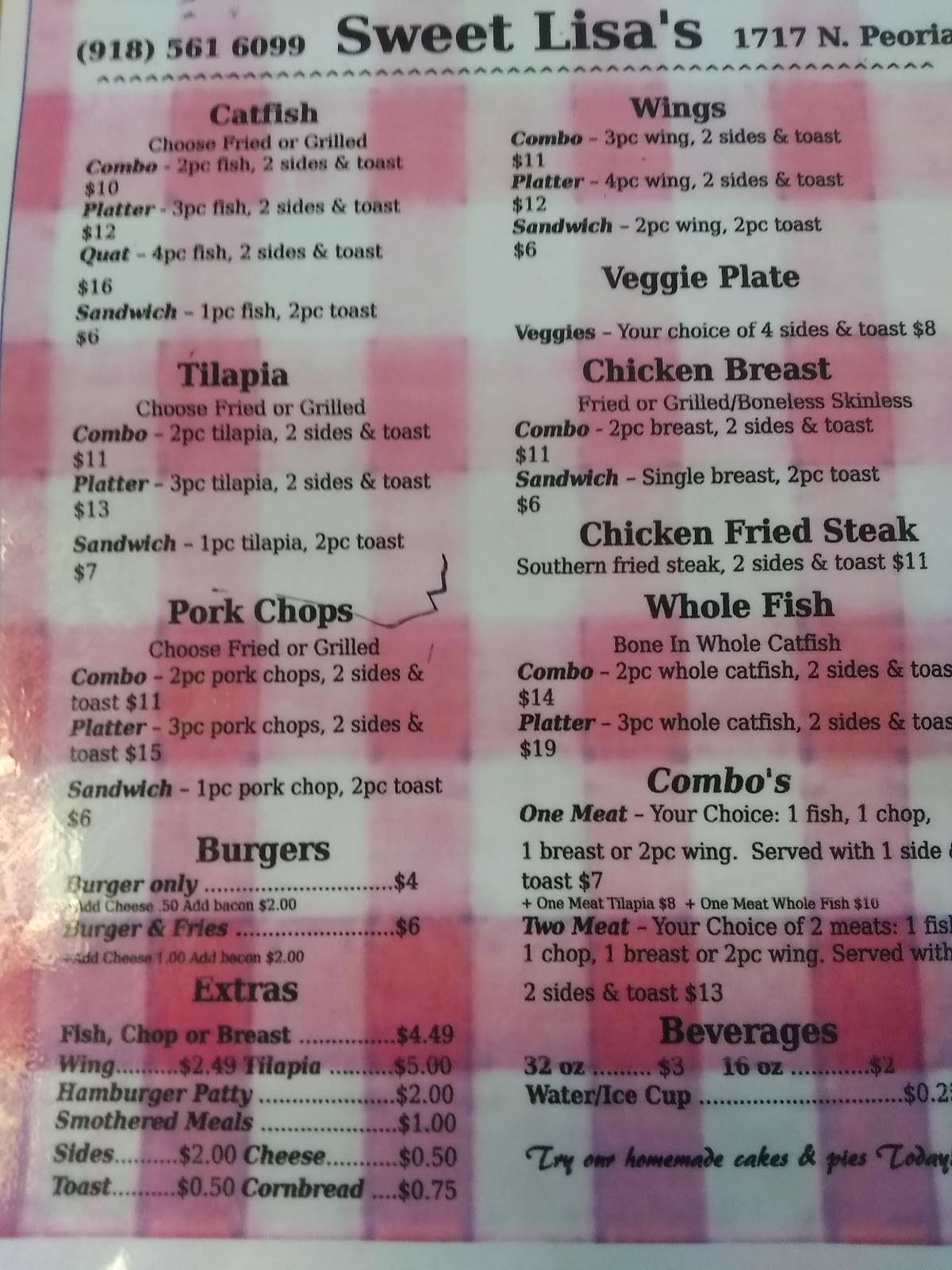 Menu at Sweet Lisa's Cafe, Tulsa
