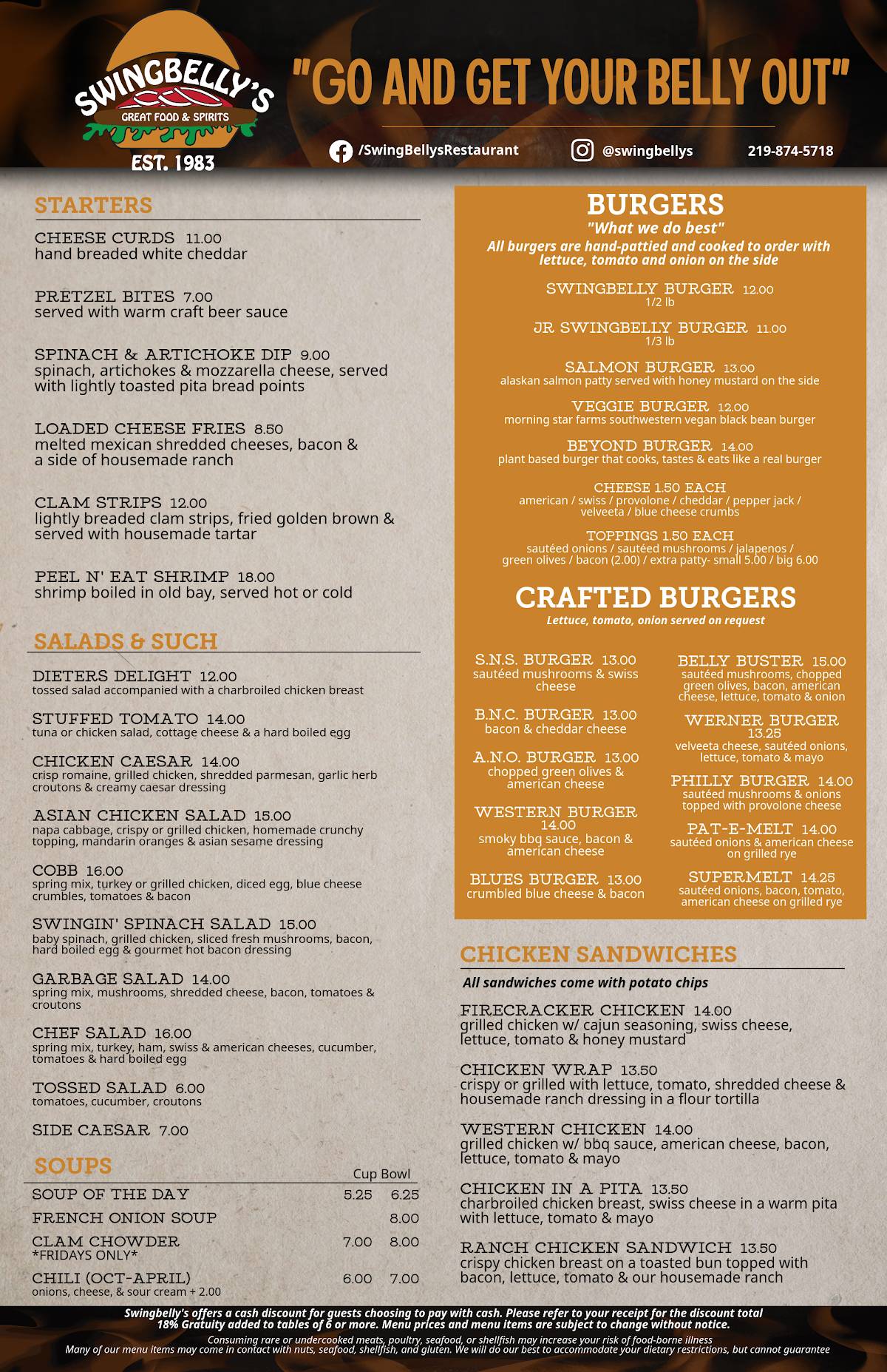 Menu at Swingbelly's restaurant, Michigan City, US-12