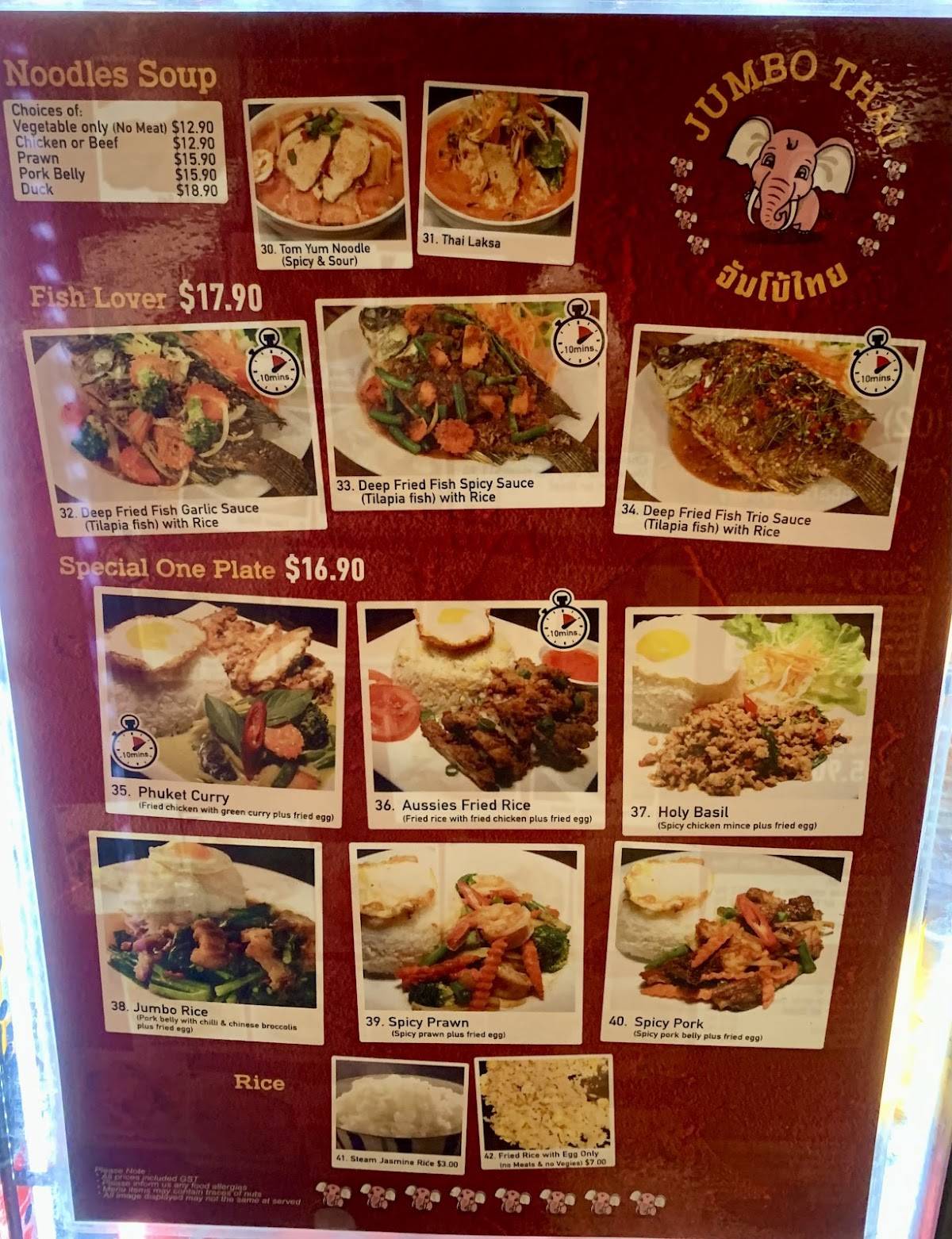 Menu at Jumbo Thai restaurant, Pyrmont, 60 Union St