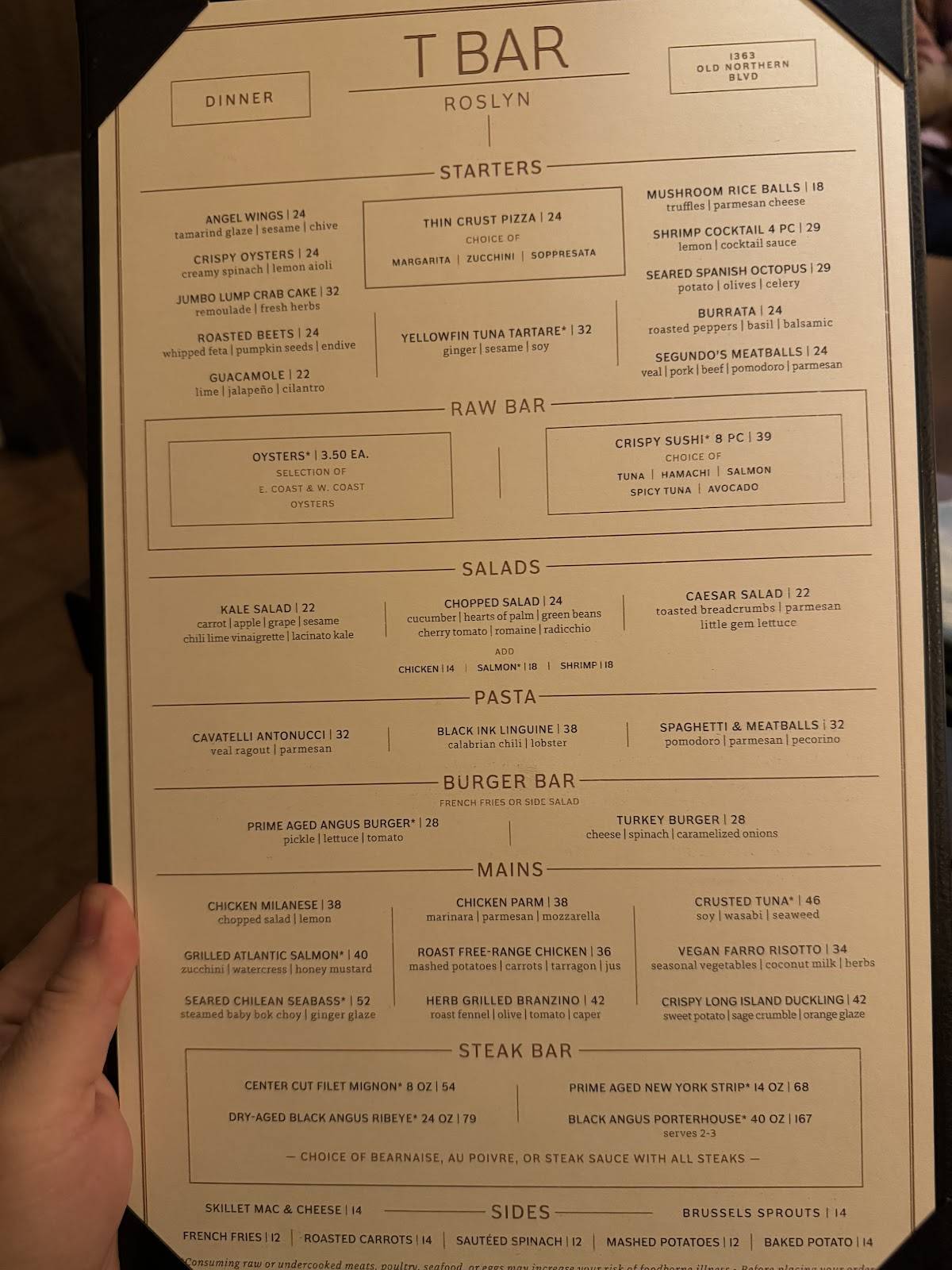 Menu at T BAR Roslyn, Roslyn