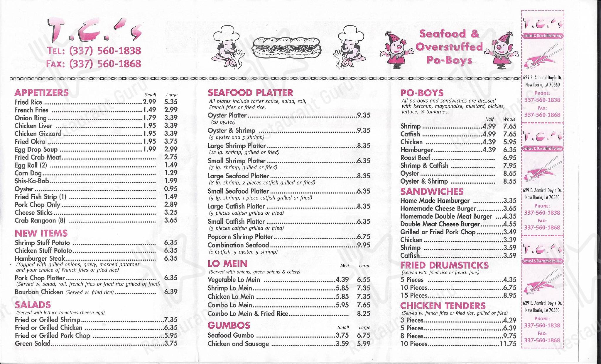 Menu at T C's Seafood restaurant, New Iberia