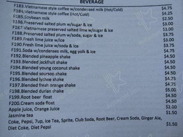 Menu at T.H. Dang Restaurant, Winnipeg