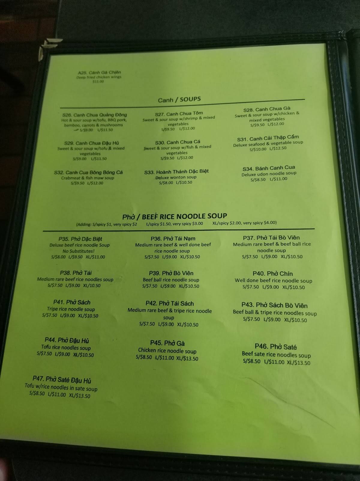 Menu at T.H. Dang Restaurant, Winnipeg