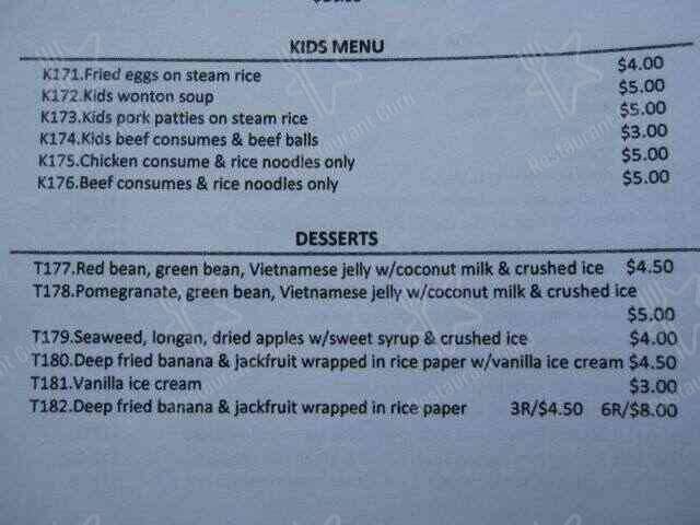 Menu at T.H. Dang Restaurant, Winnipeg
