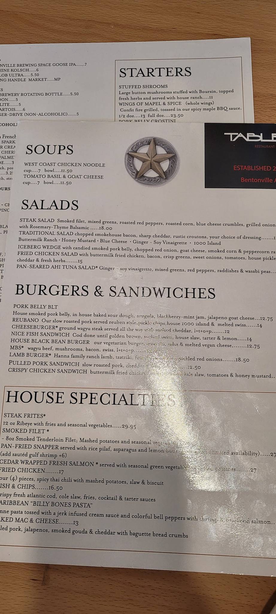 Menu at TABLE ON 6TH ST restaurant, Bentonville