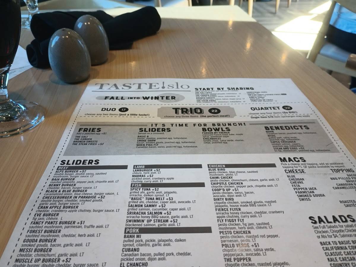 Menu at TASTE! craft eatery restaurant, San Luis Obispo