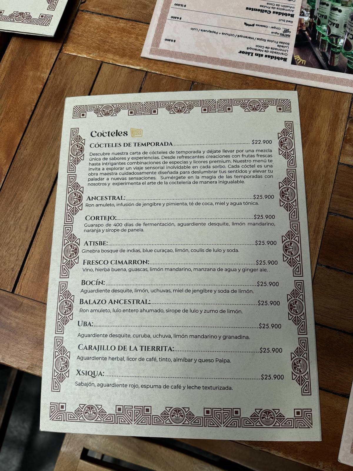 Carta del pub y bar TEJO ANCESTRAL, Bogotá