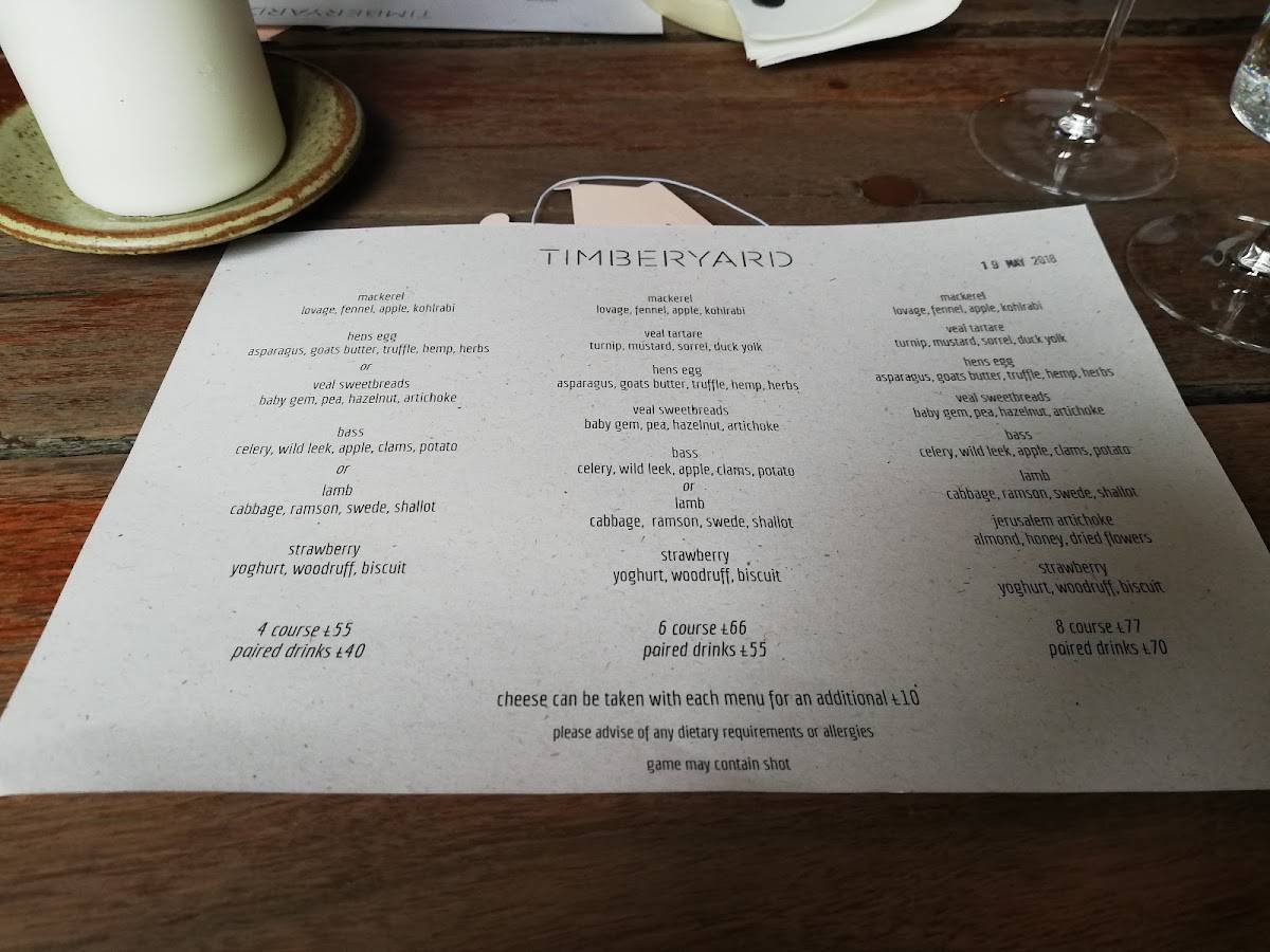 Menu at TIMBERYARD restaurant, Edinburgh, 10 Lady Lawson St