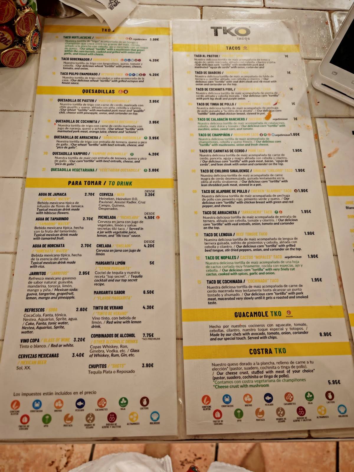 Carta del restaurante TKO Tacos Eivissa, Ibiza, Carrer Ramon y Cajal