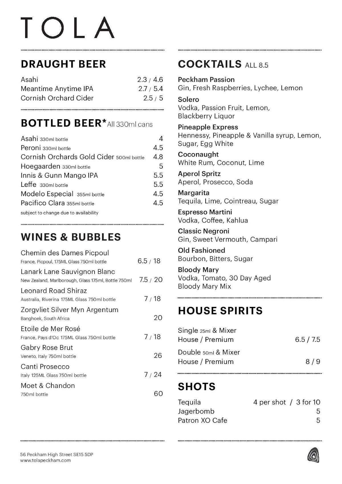 Menu at TOLA pub & bar, London