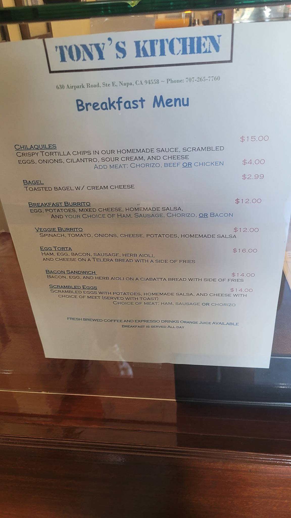 Menu at TONY'S KITCHEN restaurant, Napa