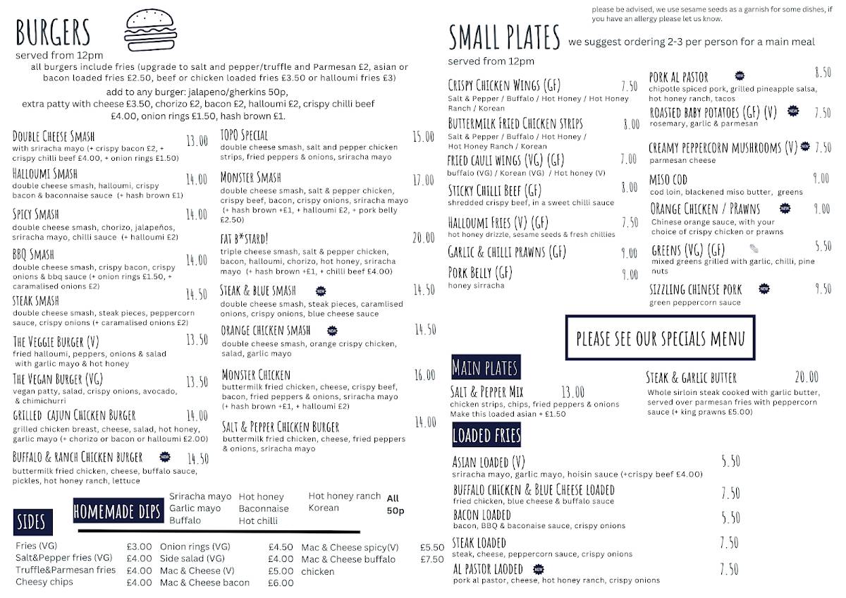Menu at TOPO restaurant, Blackpool