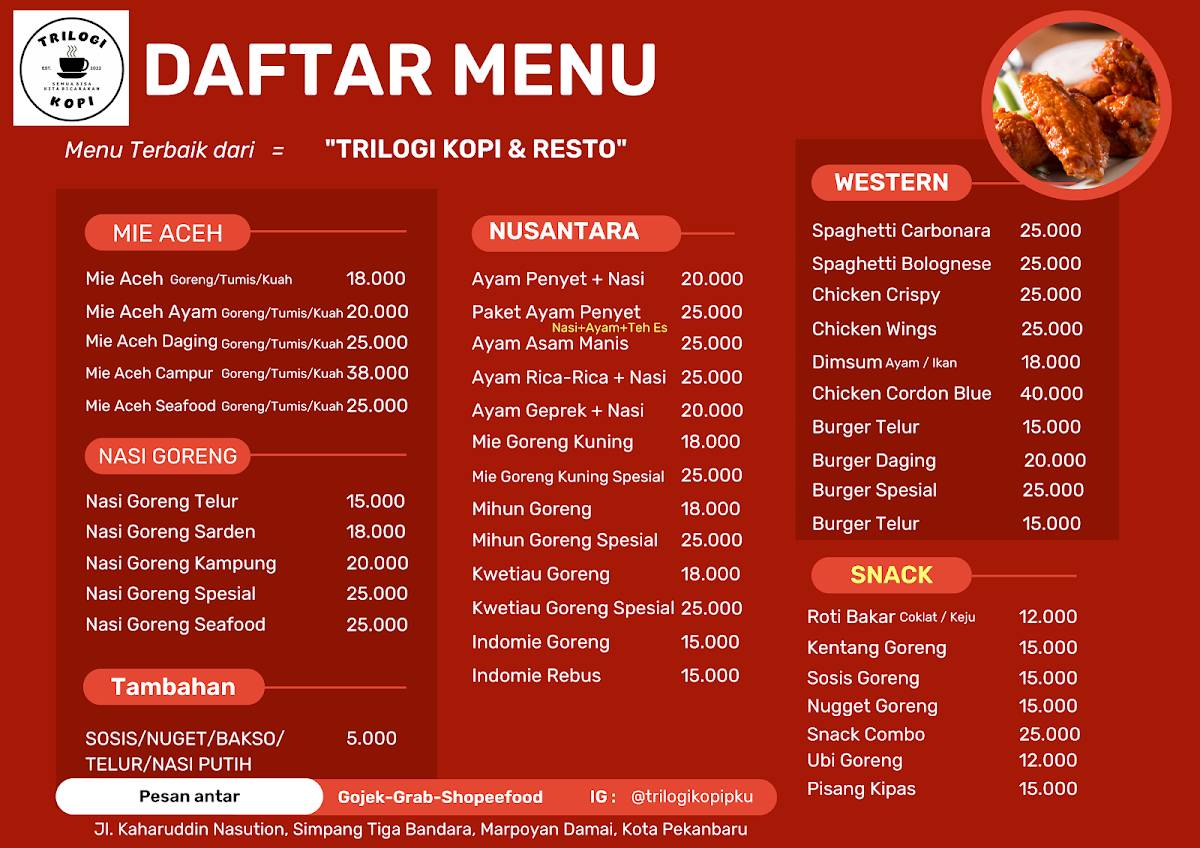 Carta del pub y bar TRILOGI KOPI & RESTO, Pekanbaru