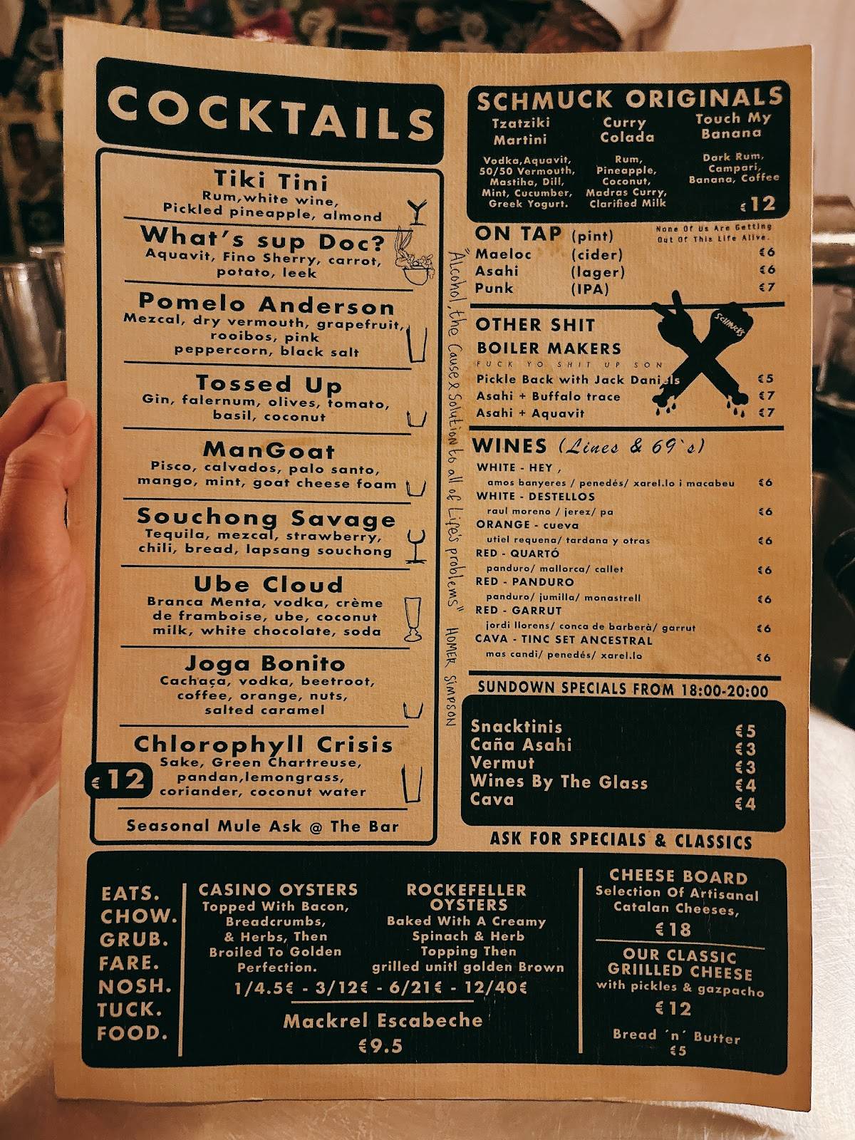 Menu at TWO SCHMUCKS pub & bar, Barcelona