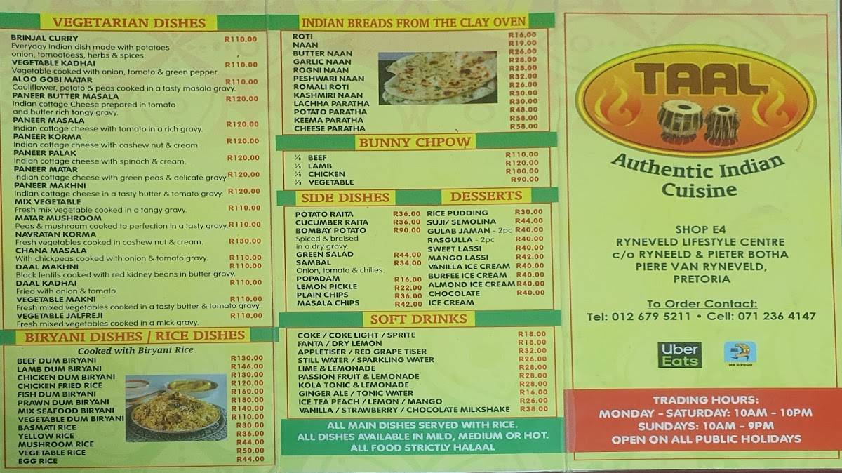 Menu at Taal Indian Restaurant & Take Away, Centurion